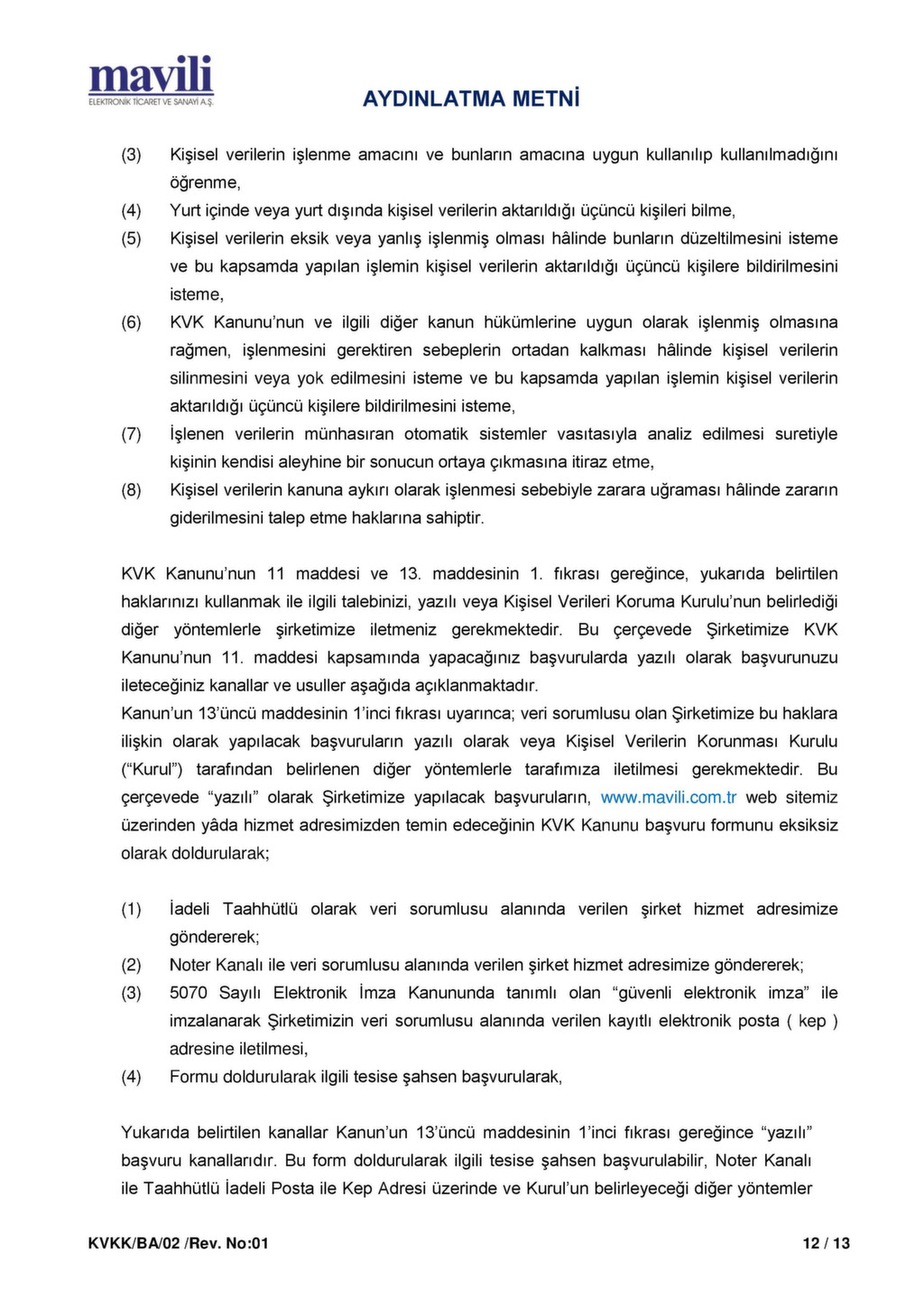 Açık Rıza Metni - Mavili Elektronik A.Ş.